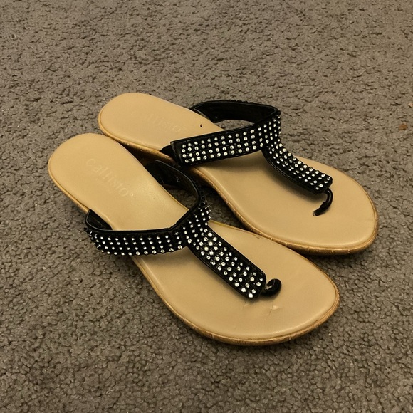 Callisto | Shoes | New Callisto Crystal Black Resort Wedge Thong ...